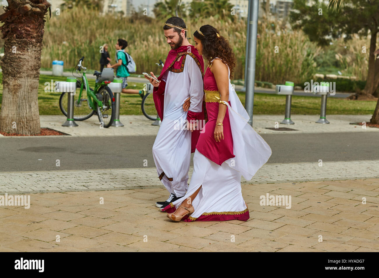 Tel Aviv - 20 February 2017: People wearing costumes in Israel during ...