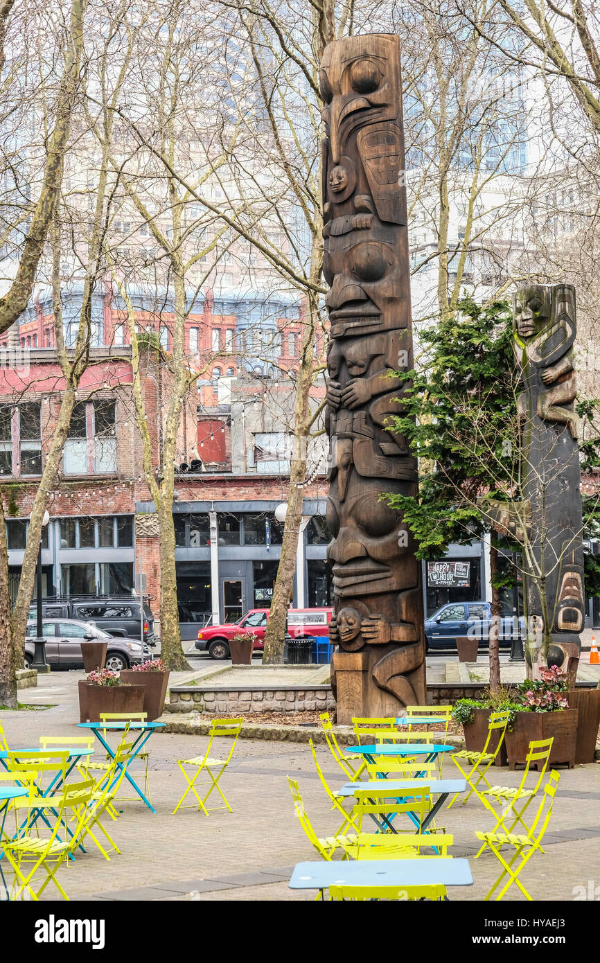 A Northwest Native American totem pole in Seattle's Pioneer Square ...