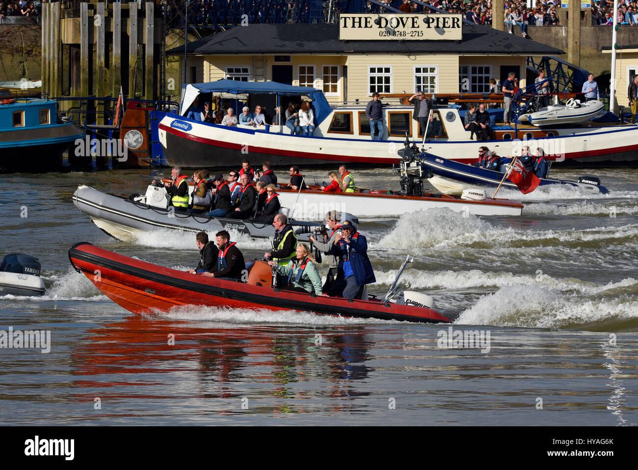University Boat Race on the River Thames at Barnes, London.Women's Race ...