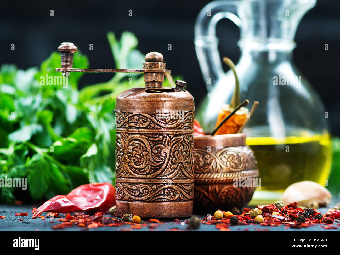 spice and aroma oil on the kitchen table Stock Photo - Alamy