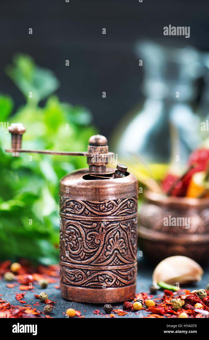 spice and aroma oil on the kitchen table Stock Photo - Alamy