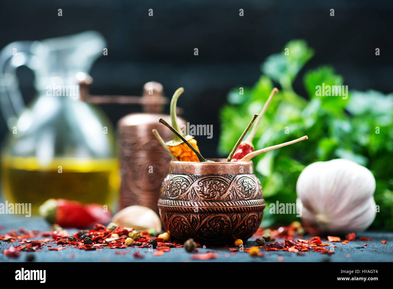 spice and aroma oil on the kitchen table Stock Photo - Alamy