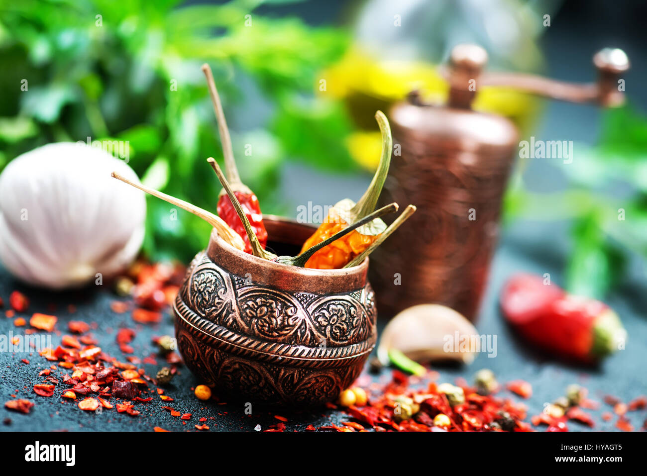 spice and aroma oil on the kitchen table Stock Photo - Alamy