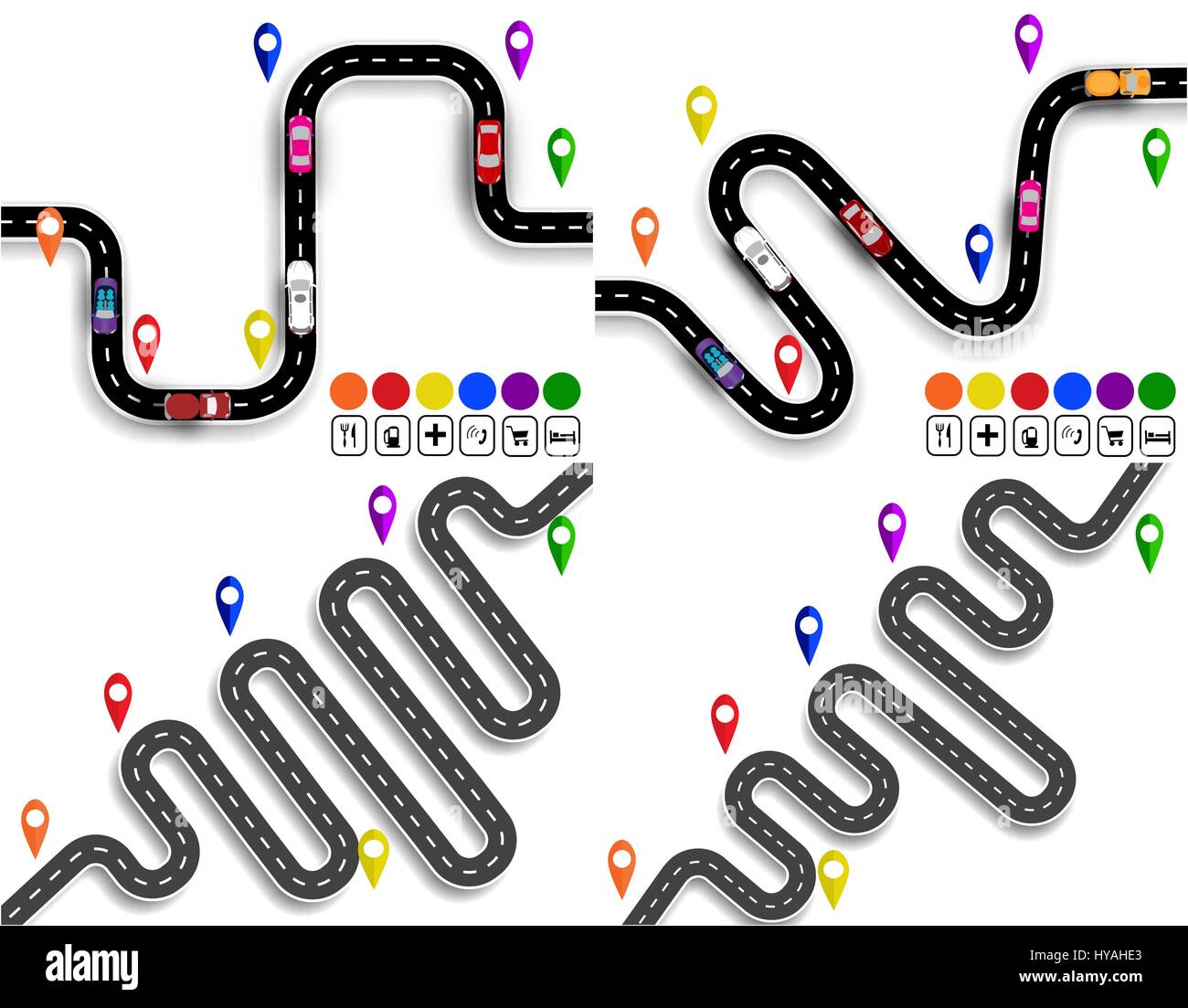 Set of winding roads with signs. Movement of vehicles. The path is ...