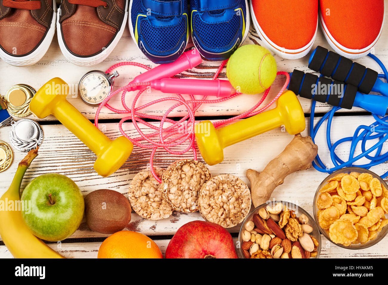 Healthy food and sport equipment Stock Photo - Alamy