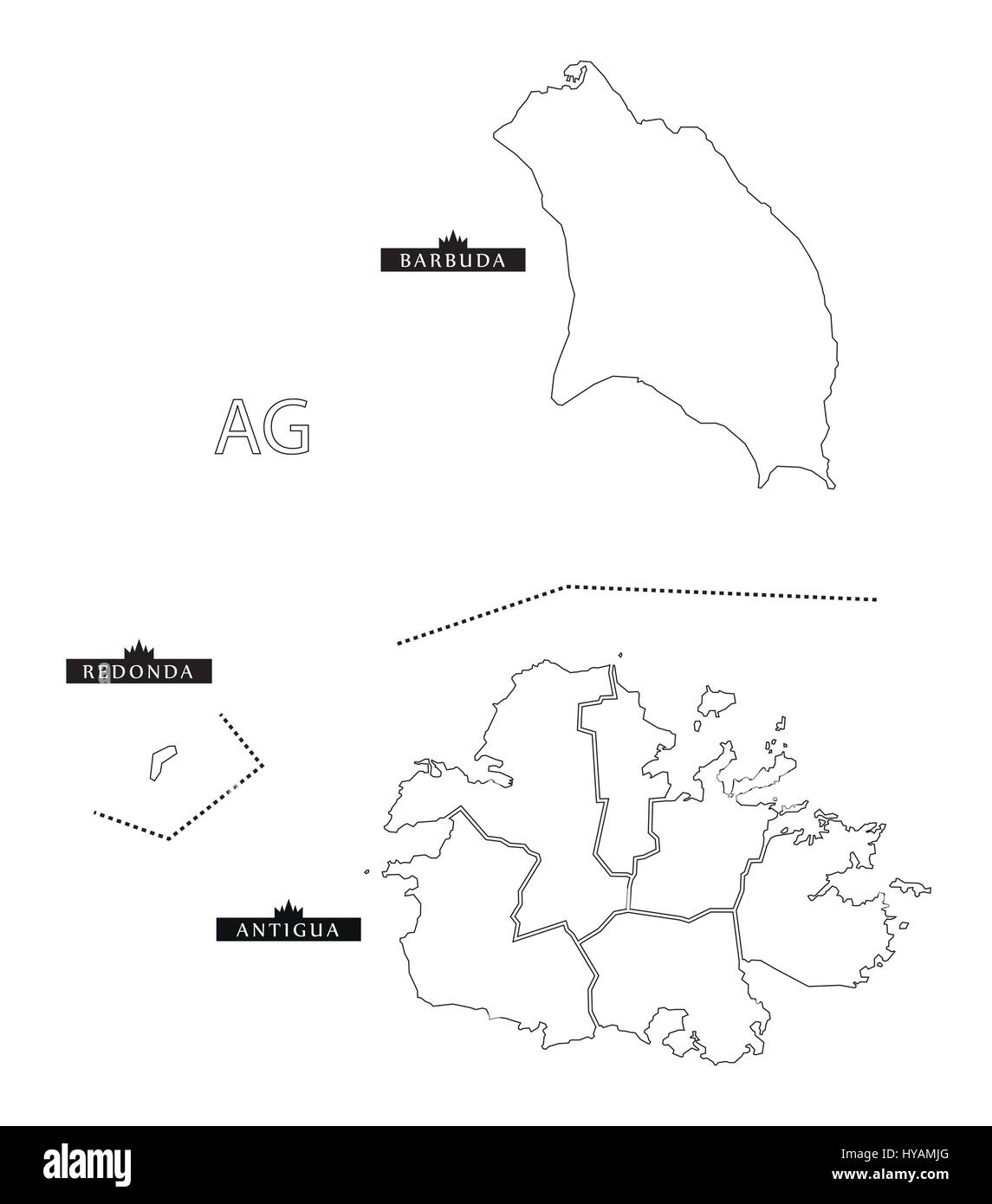 Antigua and Barbuda outline silhouette map illustration with regions ...