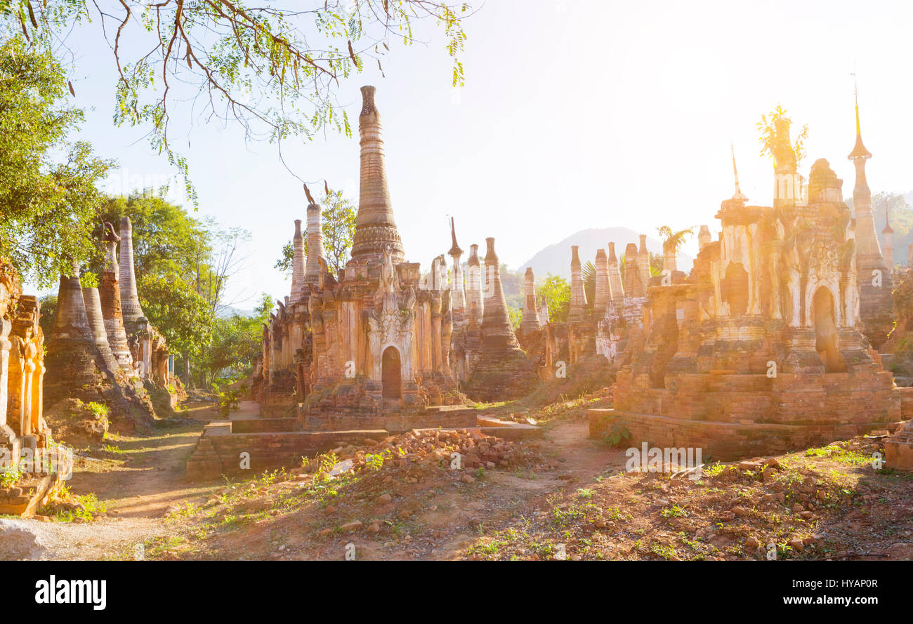 Ruins of ancient Burmese Buddhist pagodas Nyaung Ohak in the village of ...