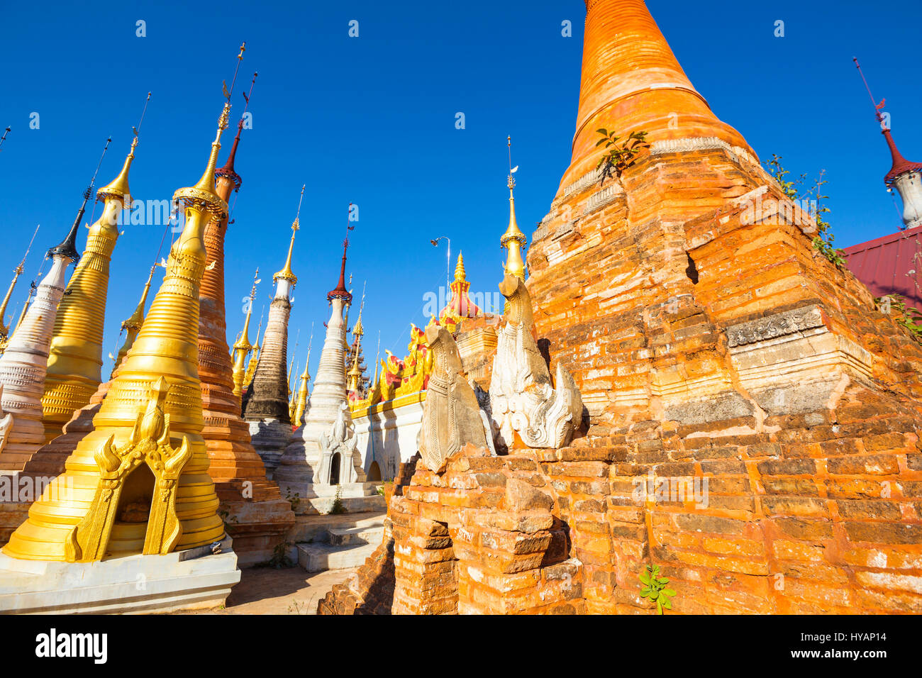 Ruins of ancient Burmese Buddhist pagodas Nyaung Ohak in the village of ...