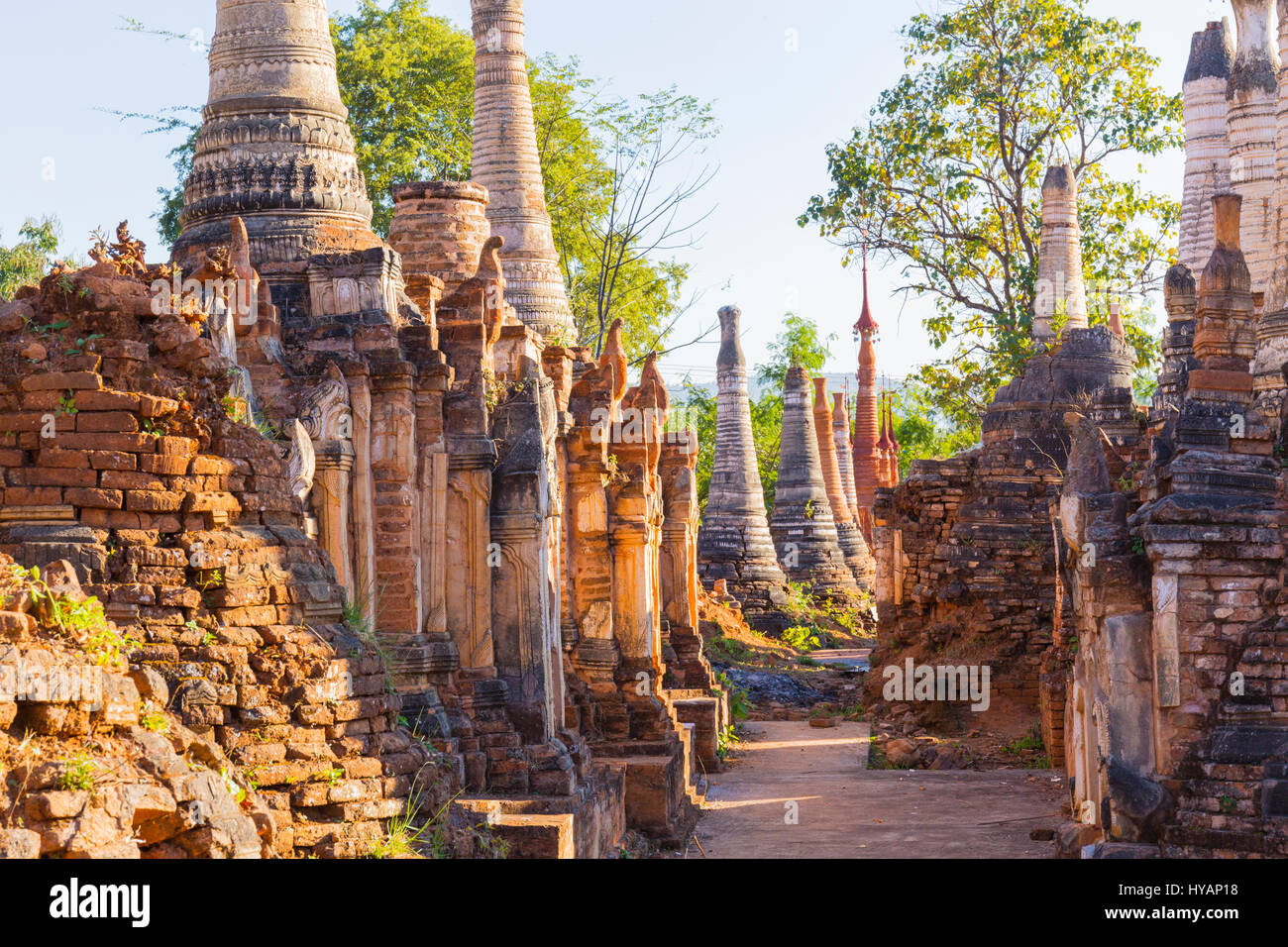 Ruins of ancient Burmese Buddhist pagodas Nyaung Ohak in the village of ...