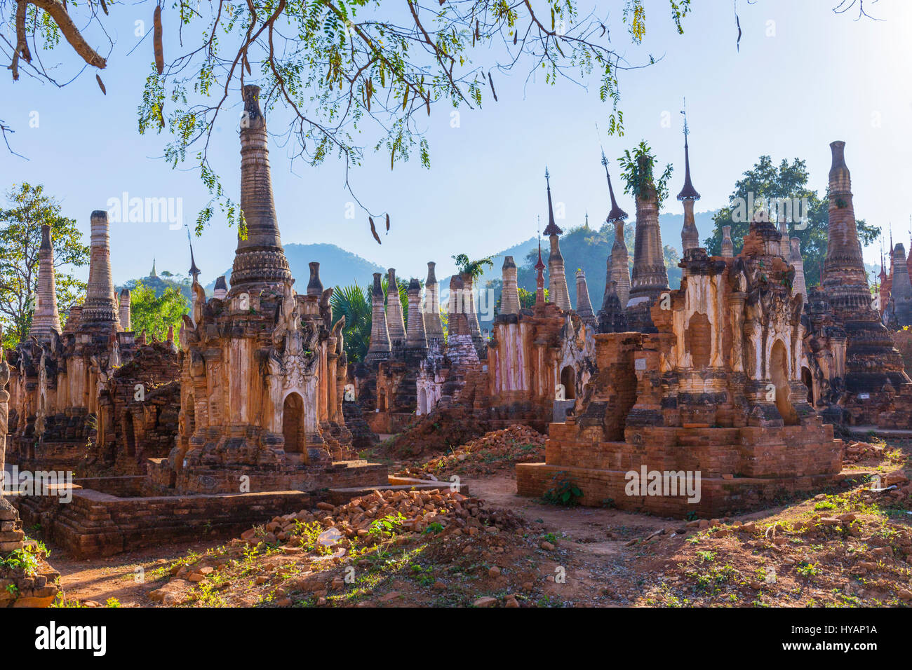 Ruins of ancient Burmese Buddhist pagodas Nyaung Ohak in the village of ...