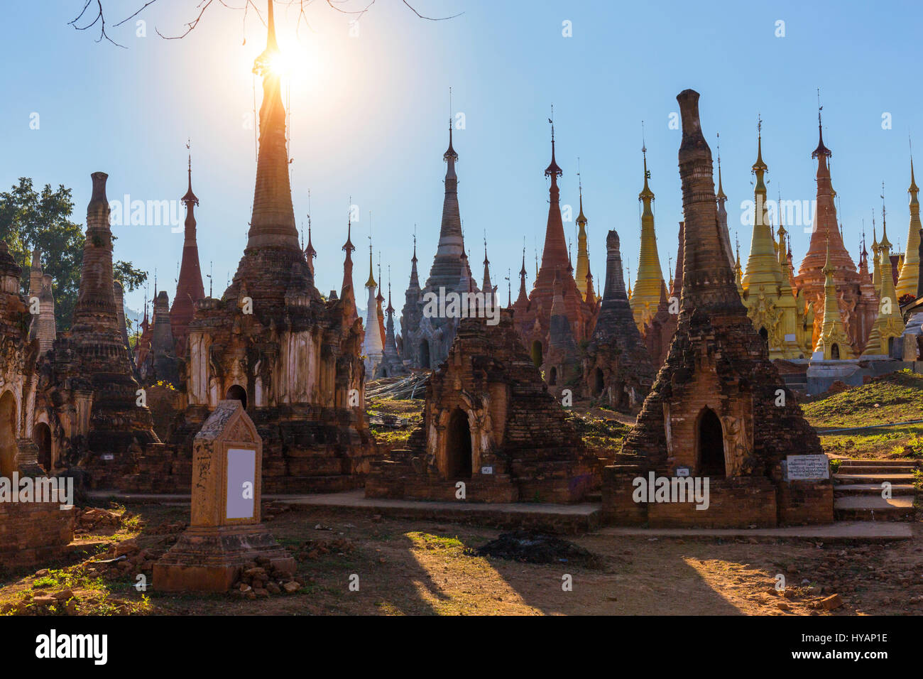Ruins of ancient Burmese Buddhist pagodas Nyaung Ohak in the village of ...