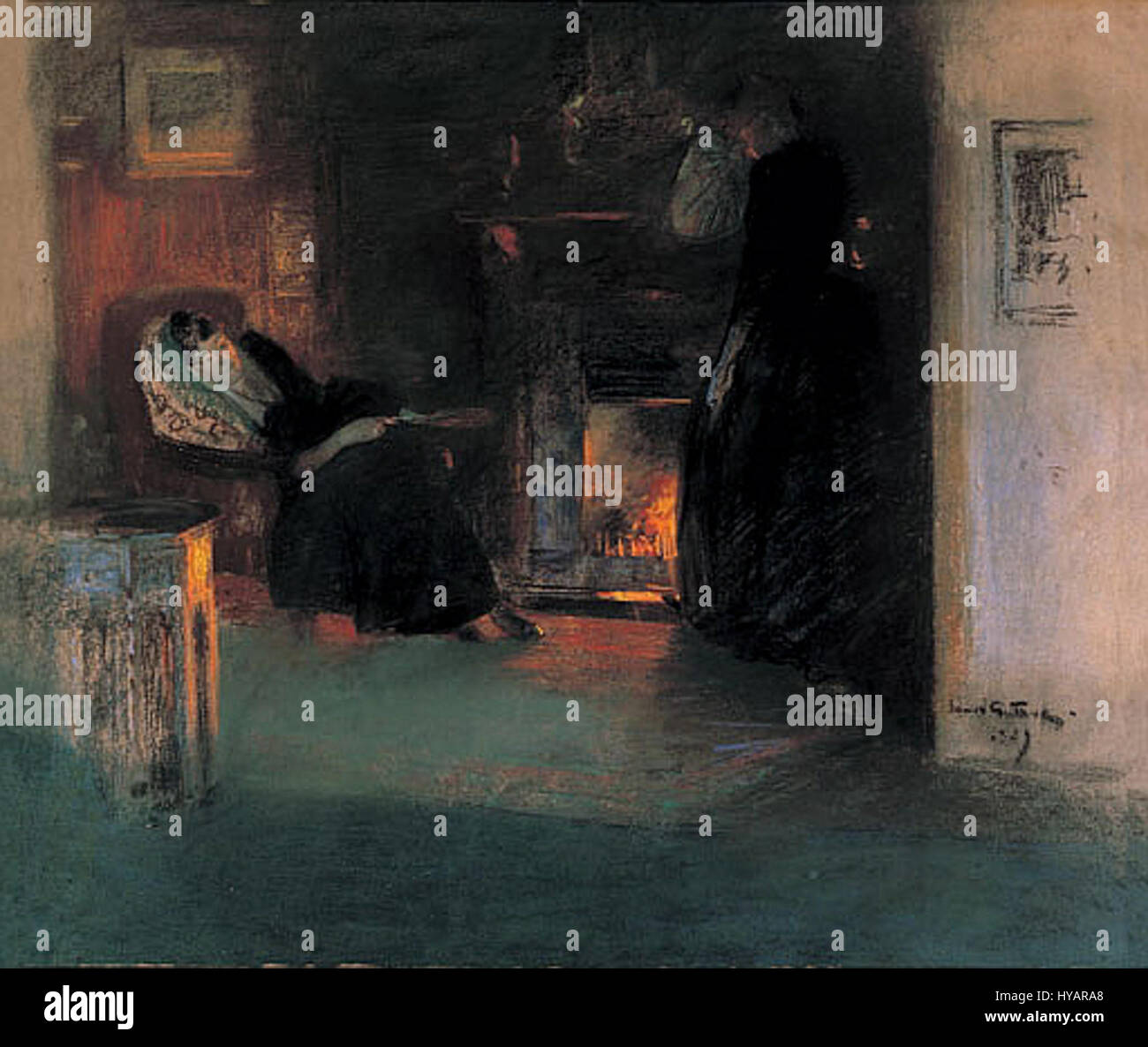 'Fire Light Reflections' by James Guthrie (1890) depicts a serene scene ...