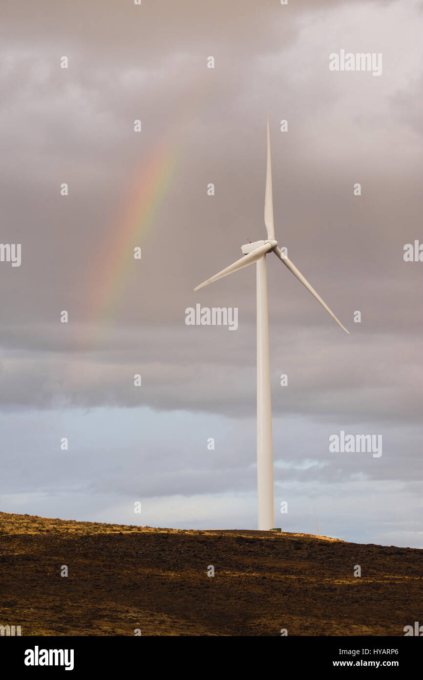 Rain falls creating a rainbow behind a large wind turbine Stock Photo ...