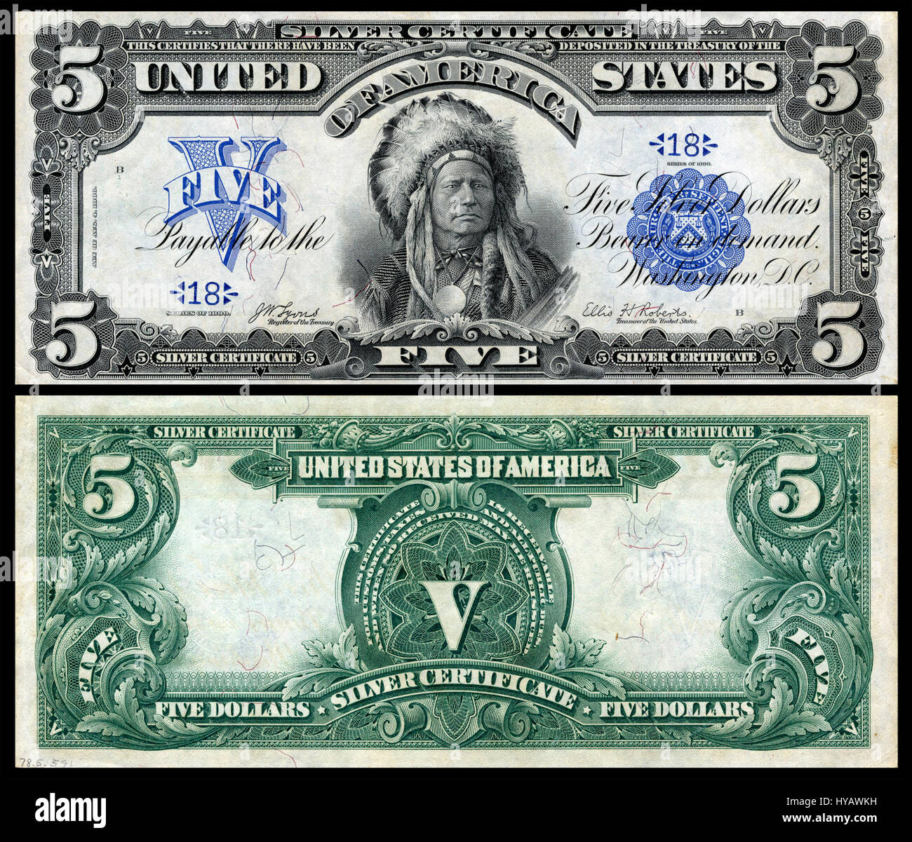 The U.S. $5 bill from 1899, also known as the 'Series 1899' or 'Bison ...