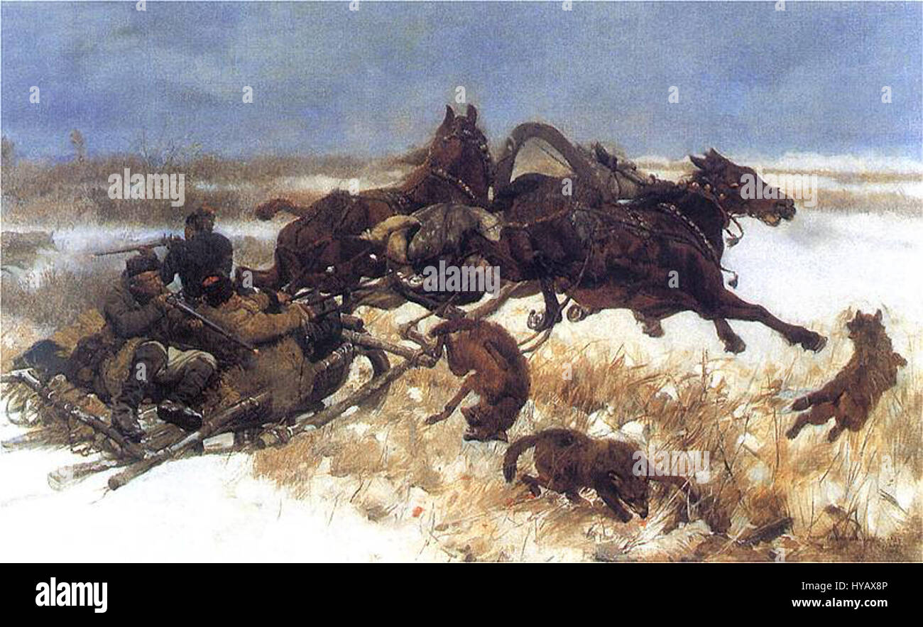 'Napad Wilkow' (Wolf Attack) by Jozef Chelmonski depicts a dramatic and ...