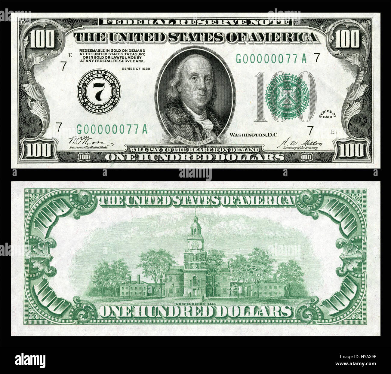 The US $100 Federal Reserve Note (FRN) from 1928, series Fr.2150 G, is ...