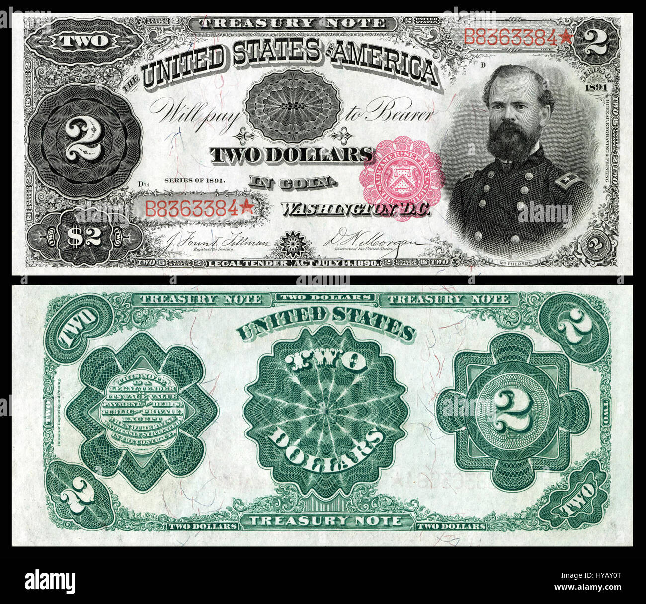 This historical U.S. currency note, issued in 1891, features the $2 ...