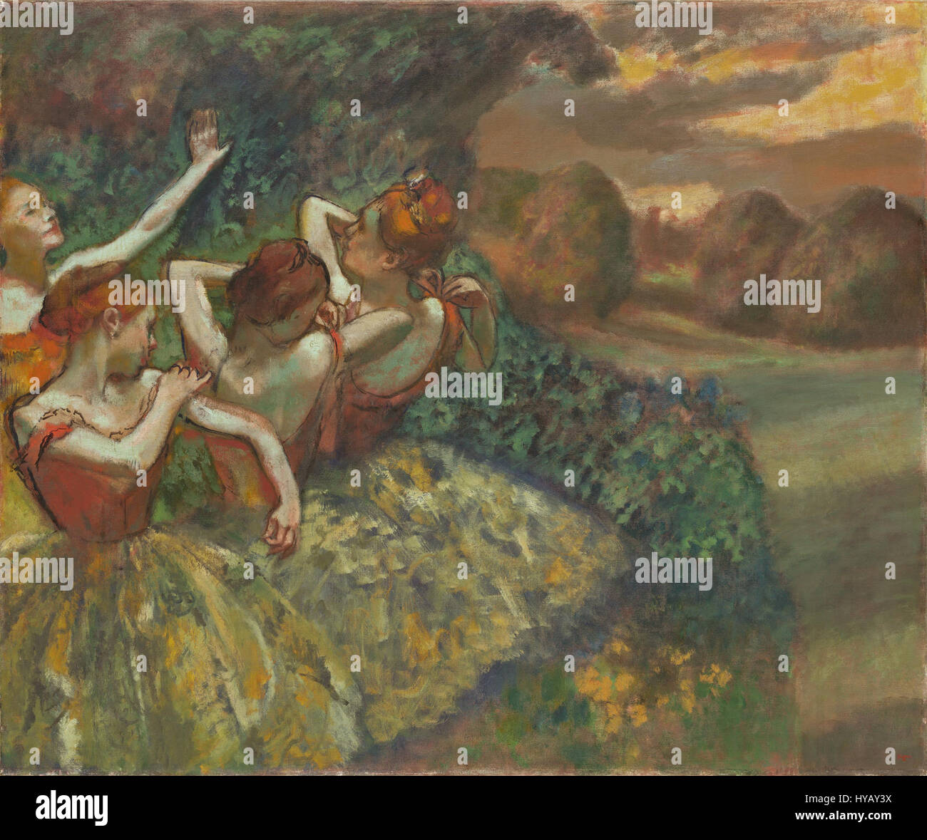 ‘Four Dancers’ is a vibrant painting depicting four women in dynamic ...