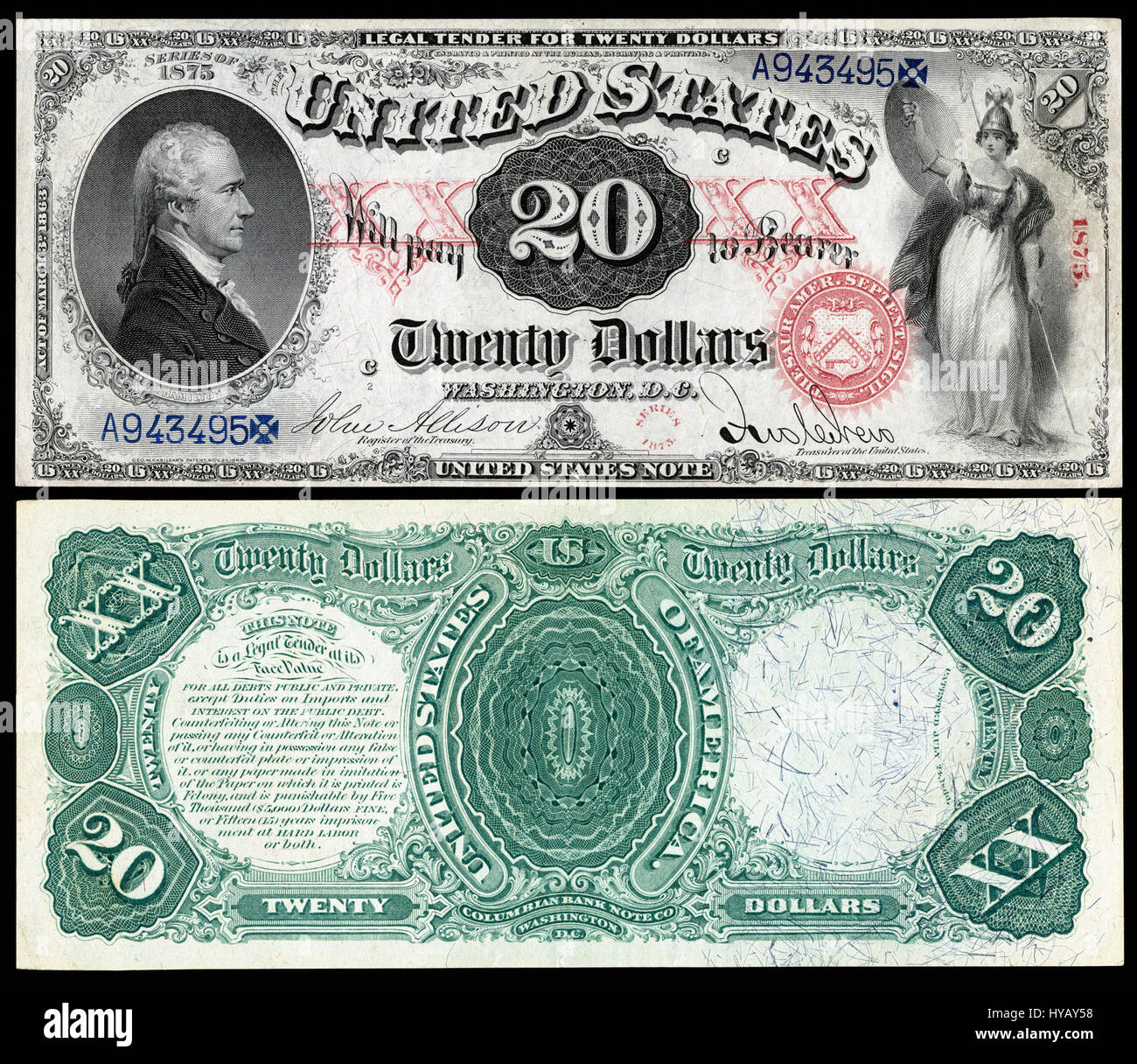 The 1875 US $20 bill, also known as the 1875 Legal Tender Note, is a ...