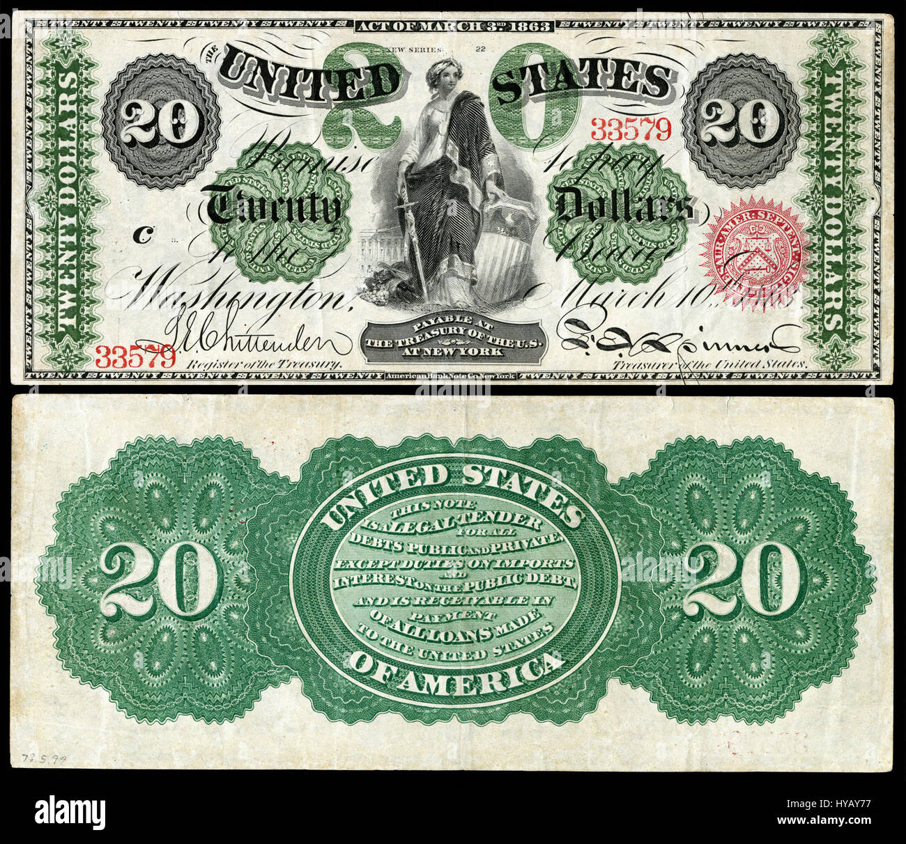 The US $20 note from 1863, Series LT, features intricate engraving work ...