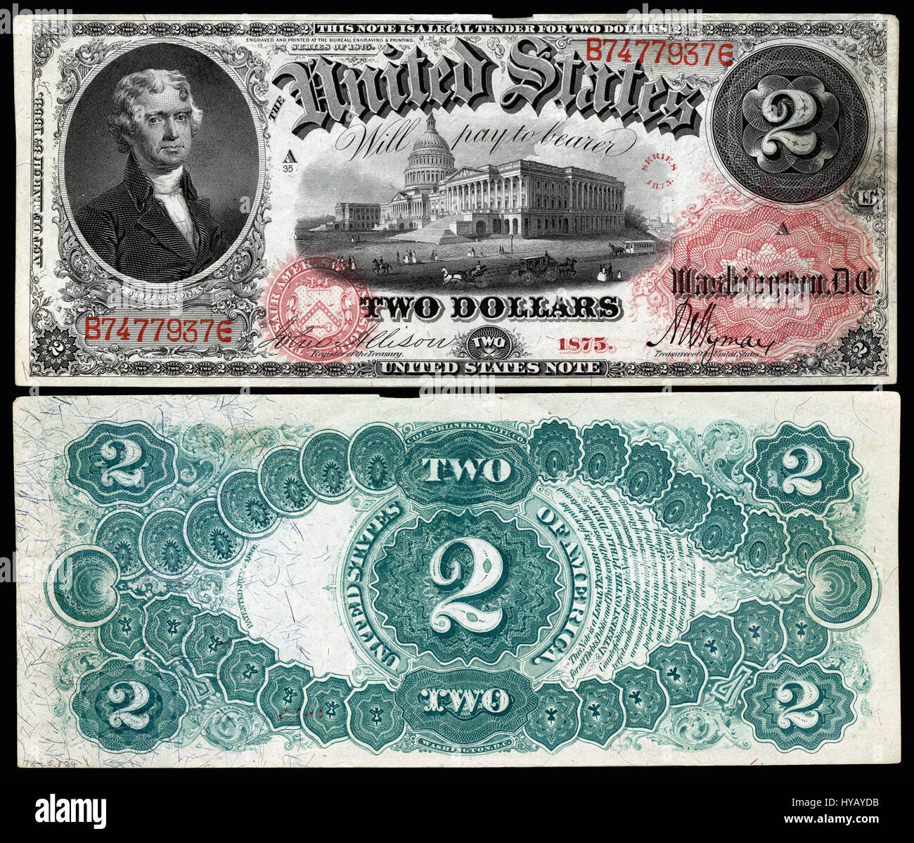 The *US $2 LT 1875 Fr* refers to a historical banknote issued in 1875 ...