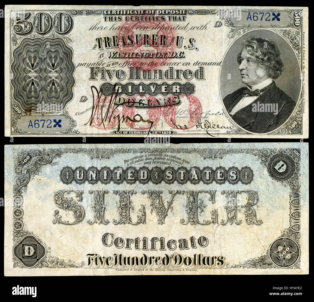 The US $500 Silver Certificate from 1878, cataloged as Friedberg number ...