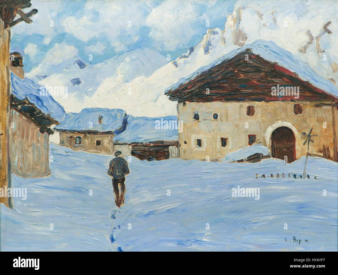 Carl Arp's 'Verschneites Dorf in den Alpen' (1910) depicts a snow ...