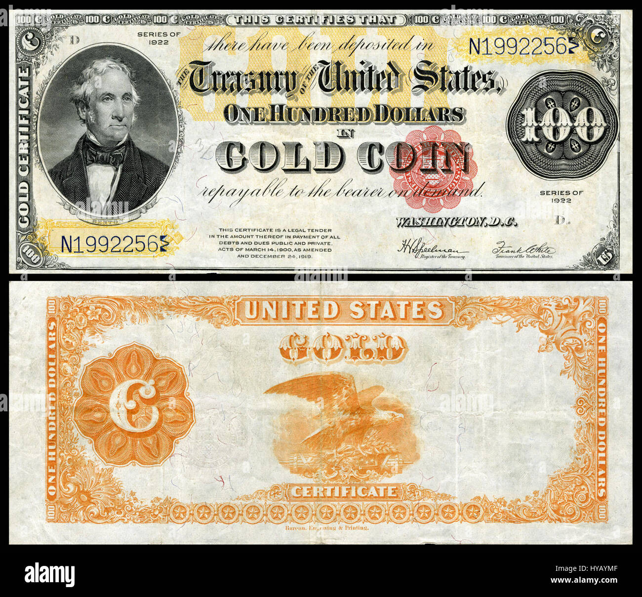 The US $100 Gold Certificate (GC) from 1922, cataloged as Fr 1215, is a ...
