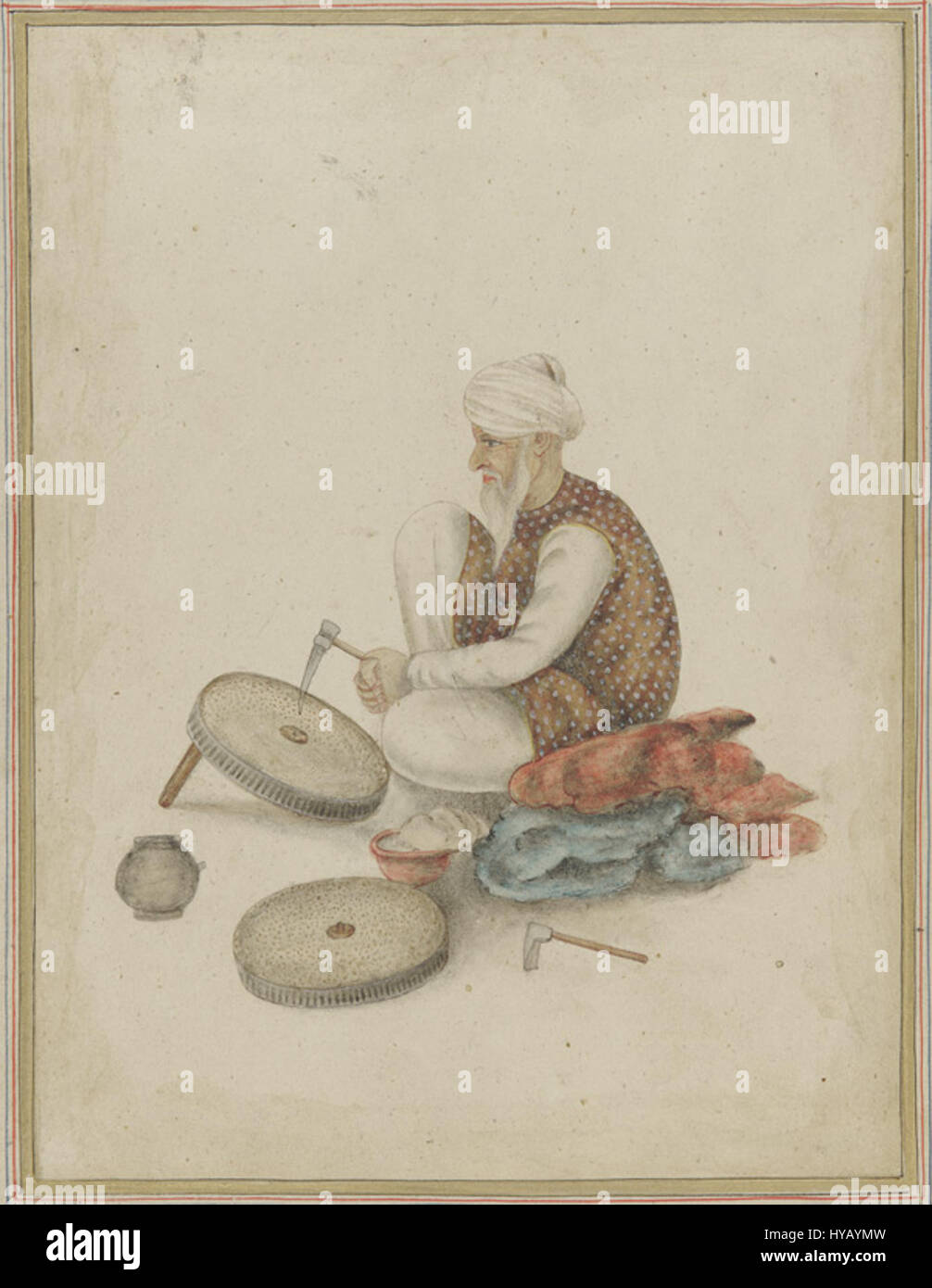 'An Old Man Dressing A Millstone' portrays an elderly figure preparing ...