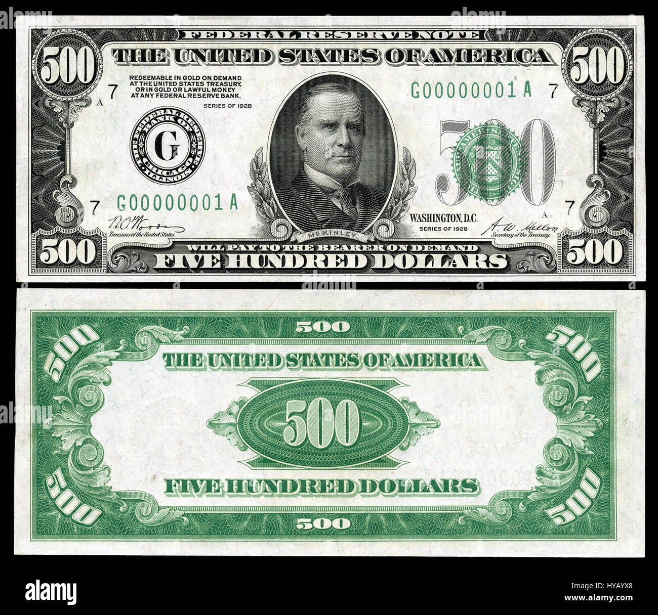 The US $500 Federal Reserve Note (FRN) from 1928, identified as Fr ...