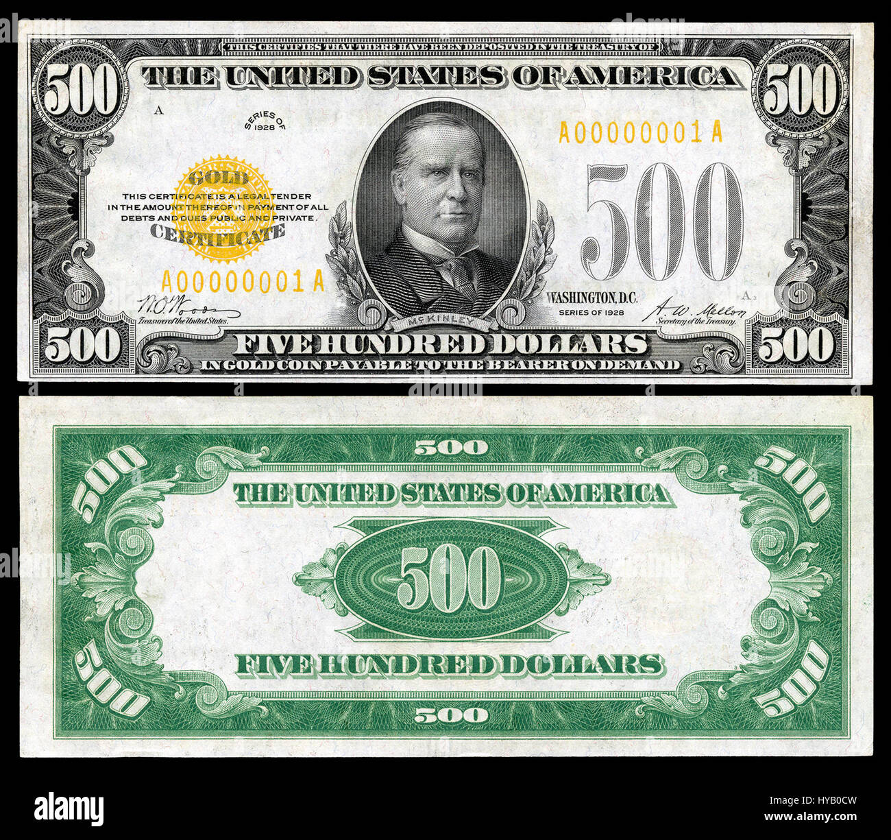 The U.S. $500 Gold Certificate (1928 series) features intricate designs ...