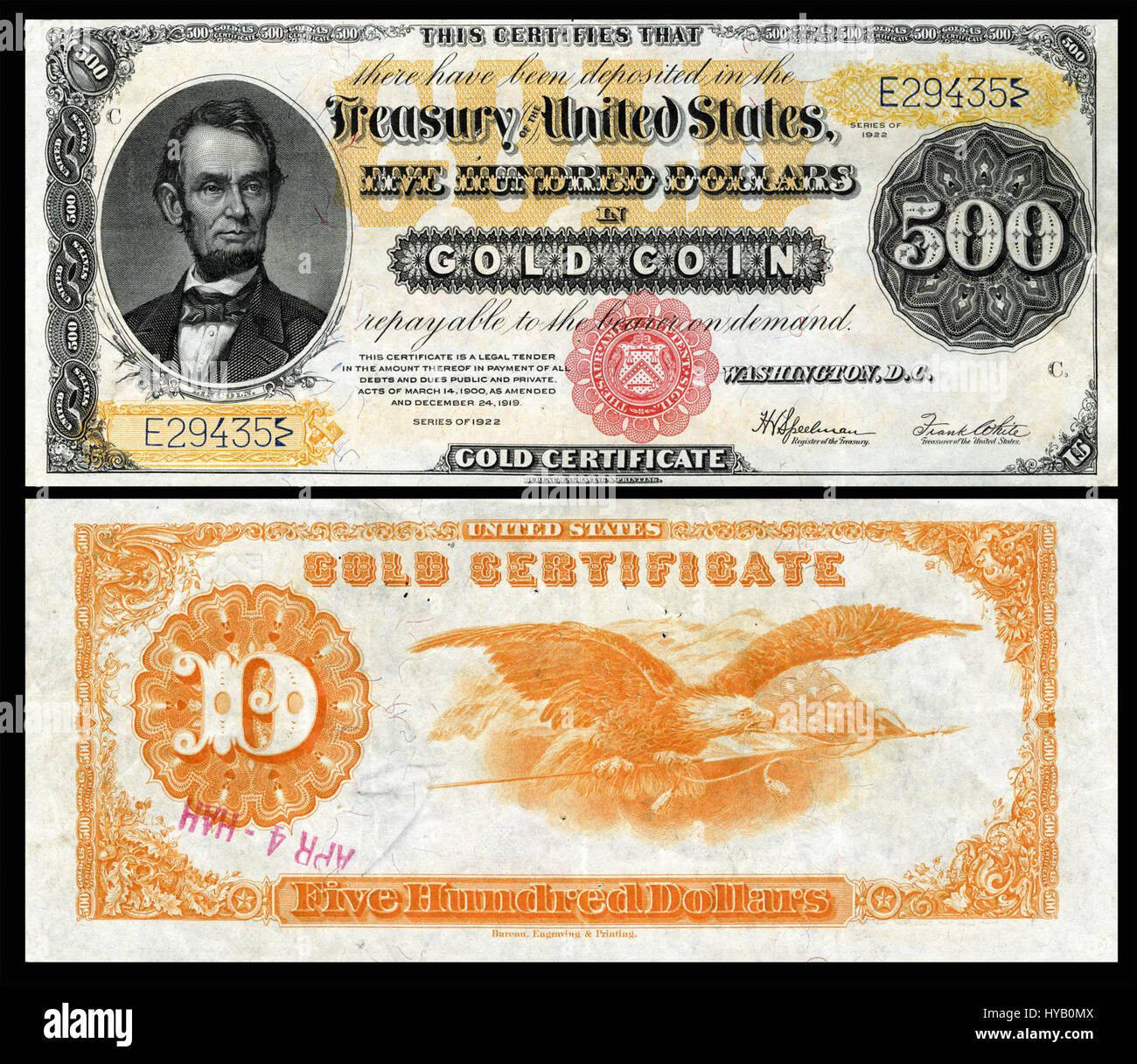 The US $500 GC 1922 note was a high-denomination currency issued by the ...