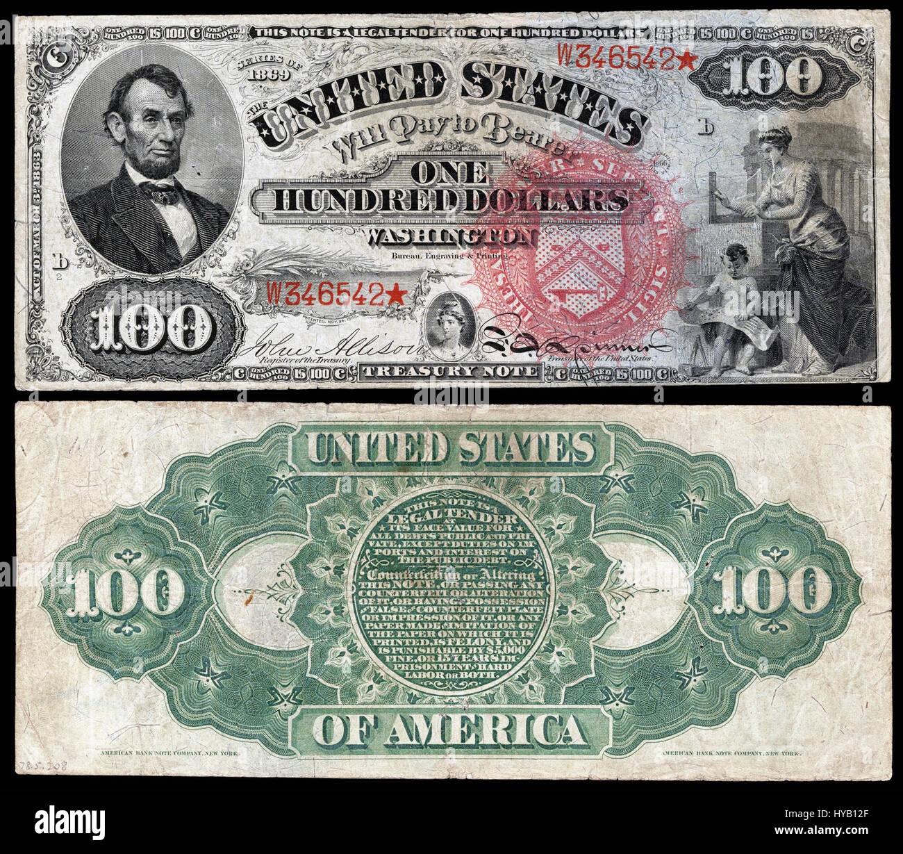 This refers to a historical currency note from 1869, a $100 bill from ...