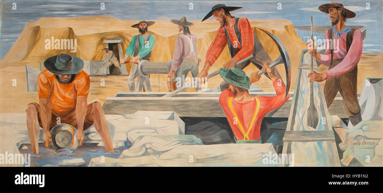 This image depicts miners panning for gold, a process used during gold ...