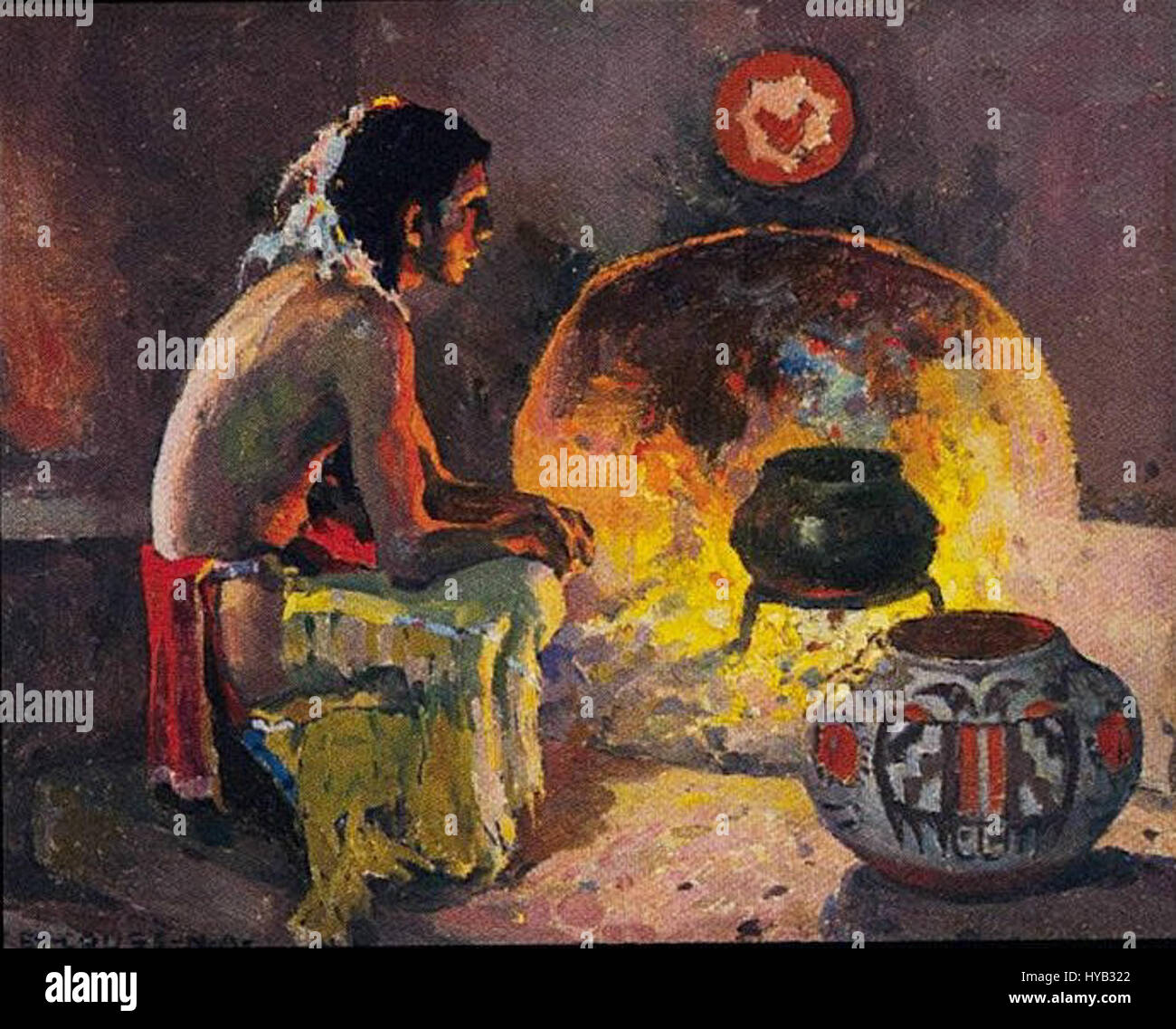 'Firelight' by Irving E. Couse is an oil painting that depicts a Native ...