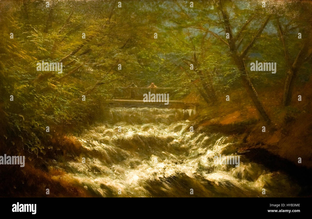 A painting titled 'Brawling Brook with Bridge', depicting a lively ...