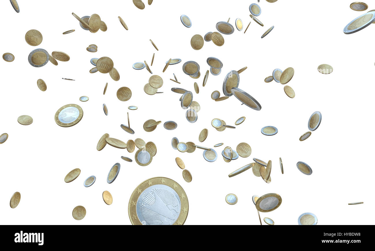 3d illustration of falling euro coins isolated on white background ...