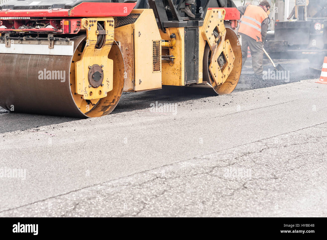 Heavy Vibration roller compactor at asphalt pavement works for road ...