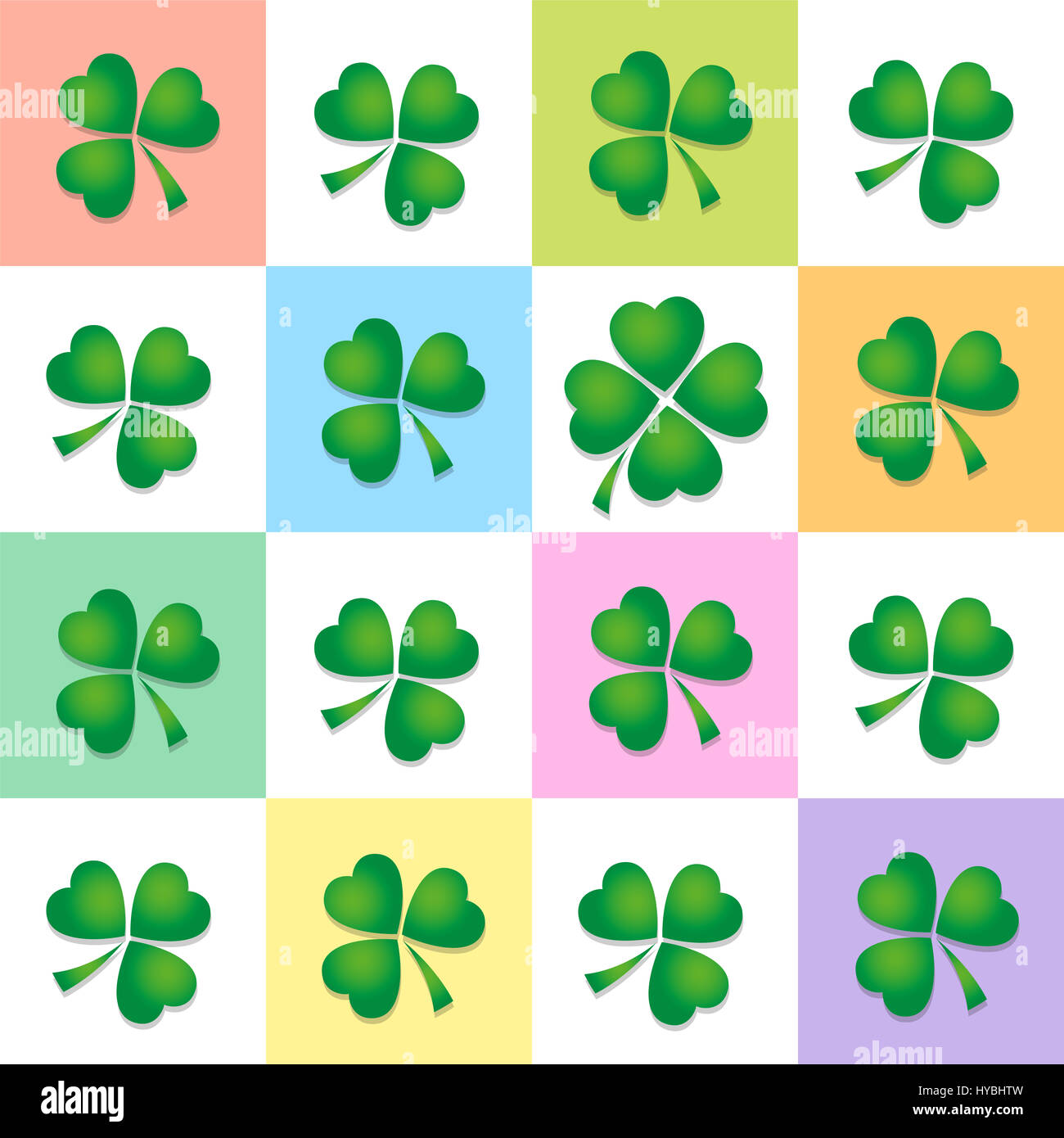Clover leaf pattern, four and three leaved clovers on colored square ...