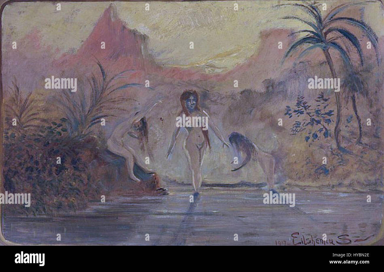 Louis Michel Eilshemius's 'Nymphs at Sunset' (1917) portrays a romantic ...