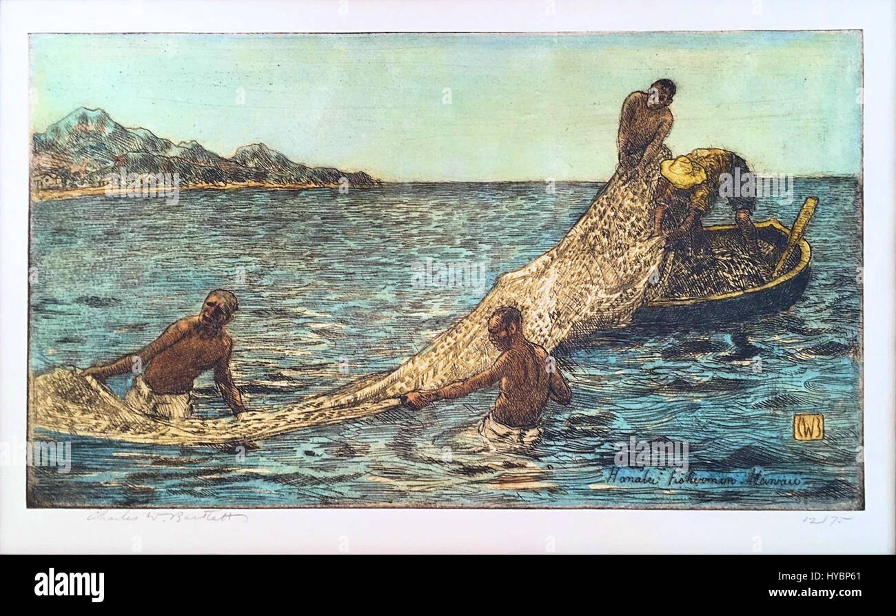 This hand-colored etching by Charles W. Bartlett depicts fishermen in ...