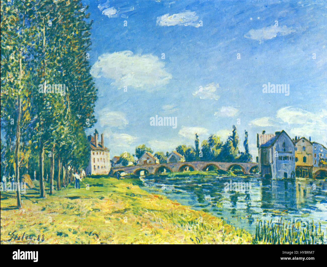 A landscape painting by Alfred Sisley, depicting a serene river scene ...