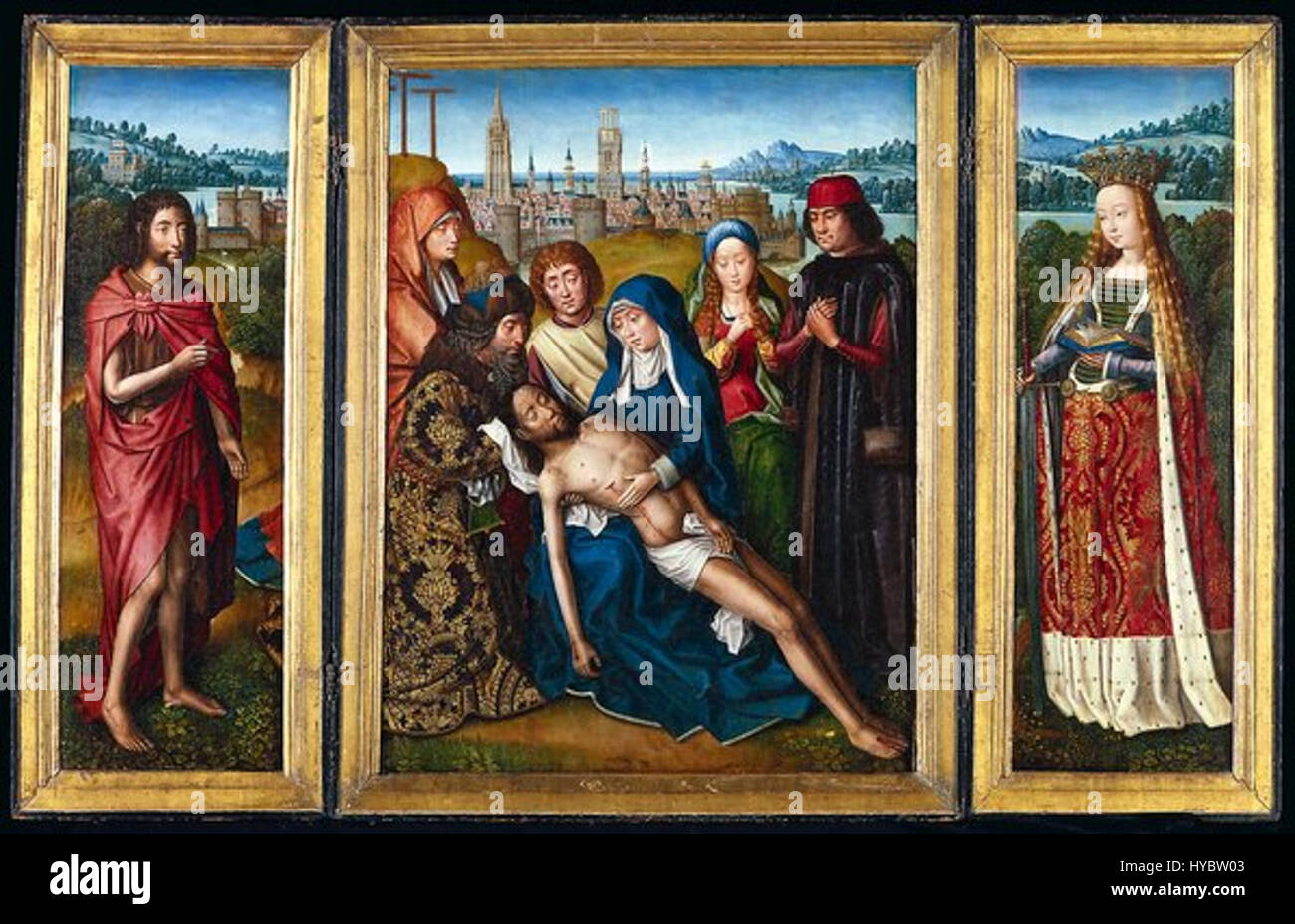 This painting depicts the Lamentation of Christ, featuring Saint John the Baptist and Saint ...