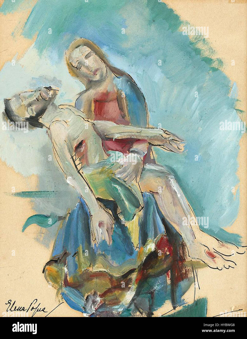 'Pieta' by Elena Popea is a moving sculpture that depicts the Virgin Mary mourning the body of ...