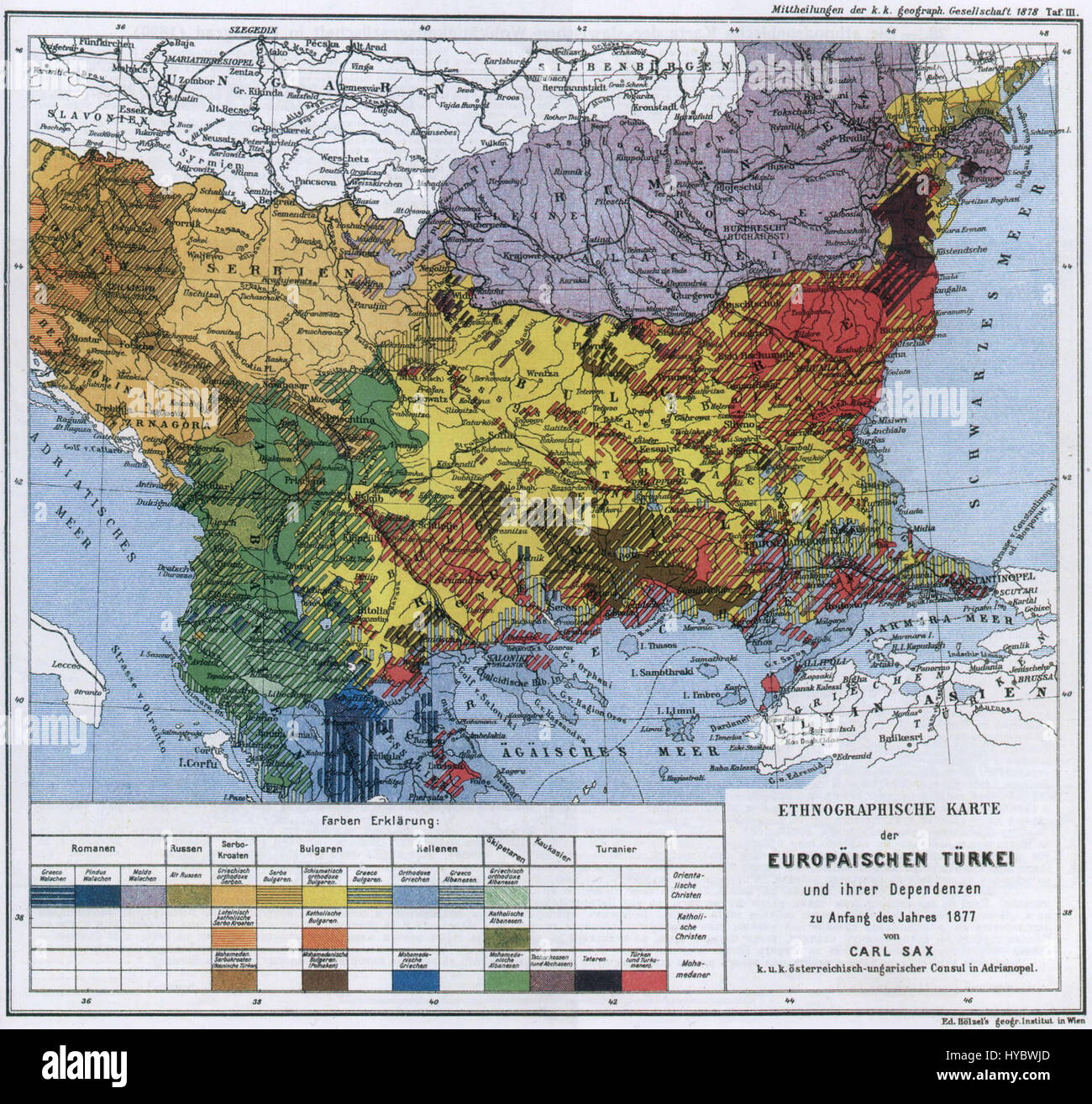 The ethnographic map of European Turkey, created by Carl Sax in 1877 ...