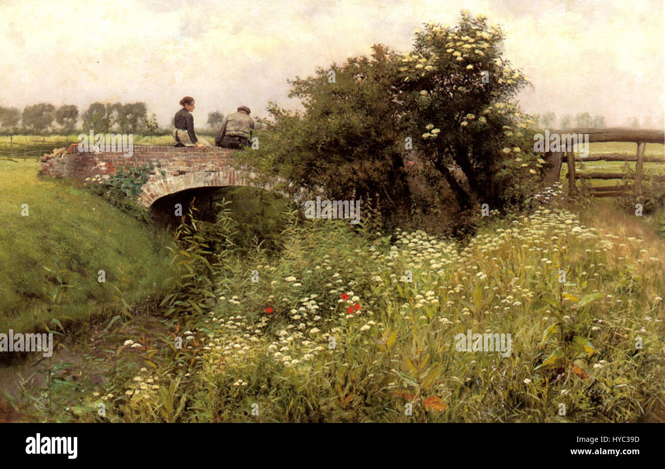 Emile Claus’s painting 'A Meeting on the Bridge' captures a serene ...