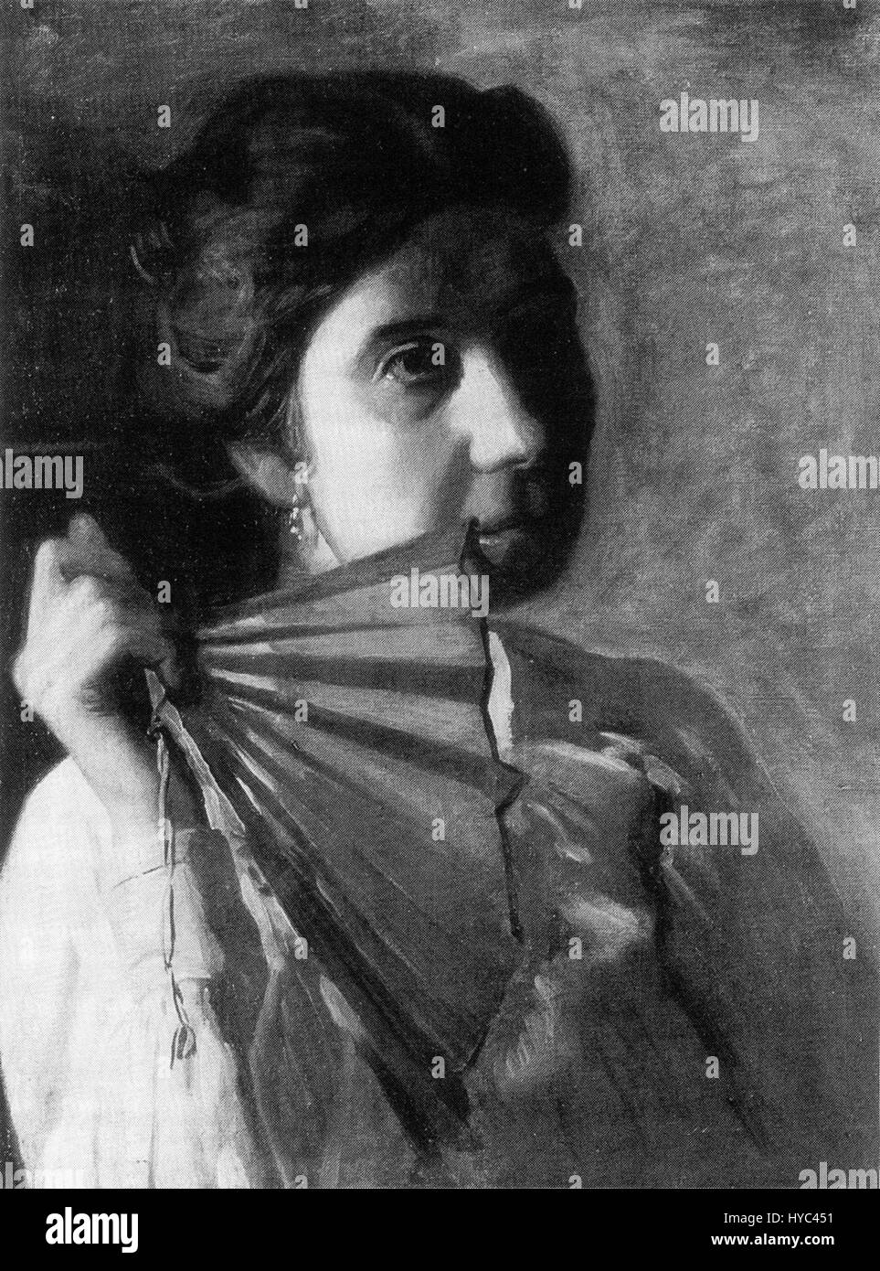 'Girl with a Fan' is a portrait painting featuring a young woman ...