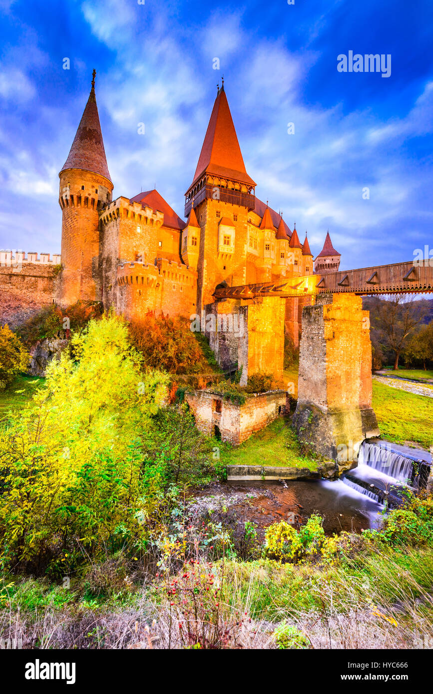 Beautiful panorama of the Corvin Castle with wooden bridge, Hunedoara ...