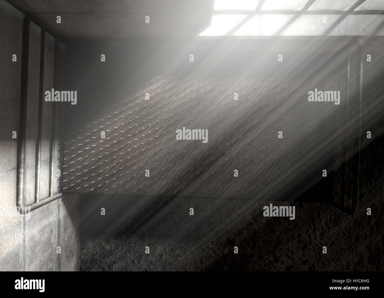 A metaphor showing a literal bed of nails in a dimly lit run down room ...