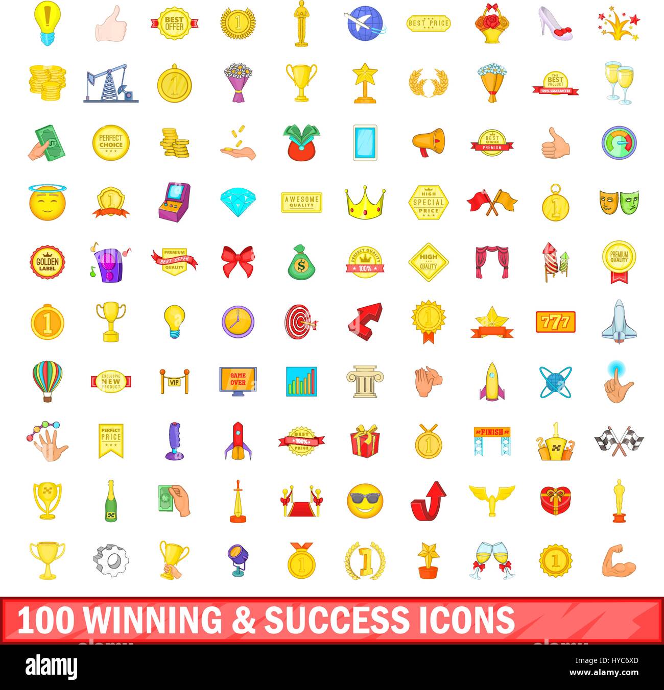 100 winning and success icons set, cartoon style Stock Vector Image ...